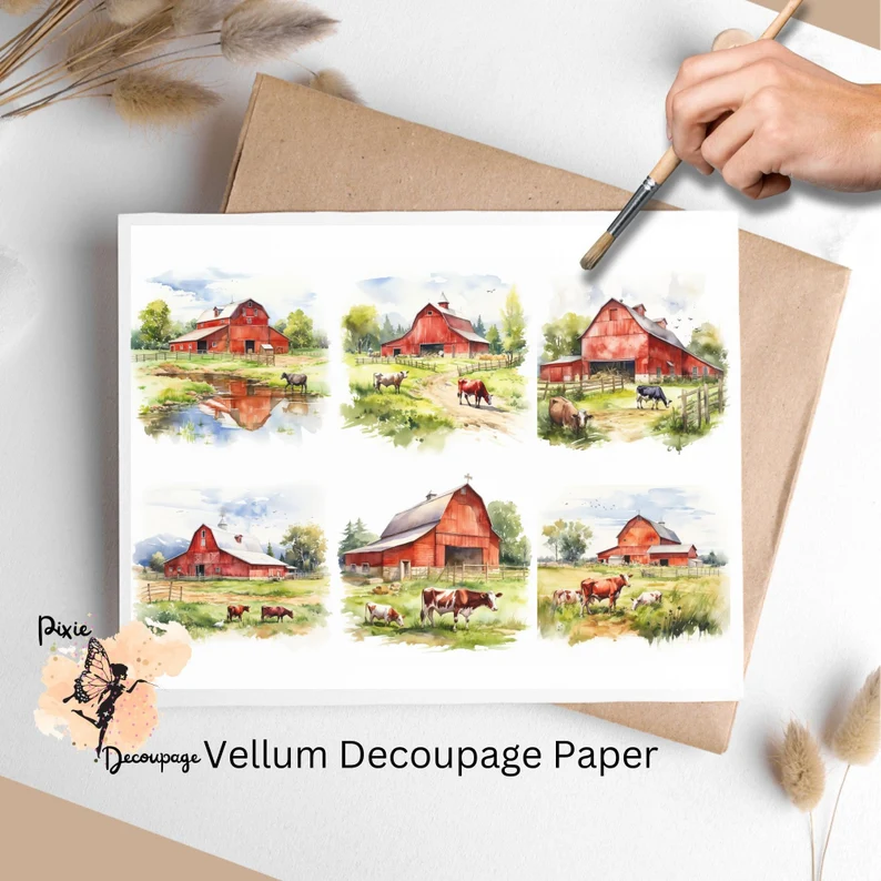 Red Barn with Cows Collage 2, Vellum Decoupage Paper - Free patterns ...
