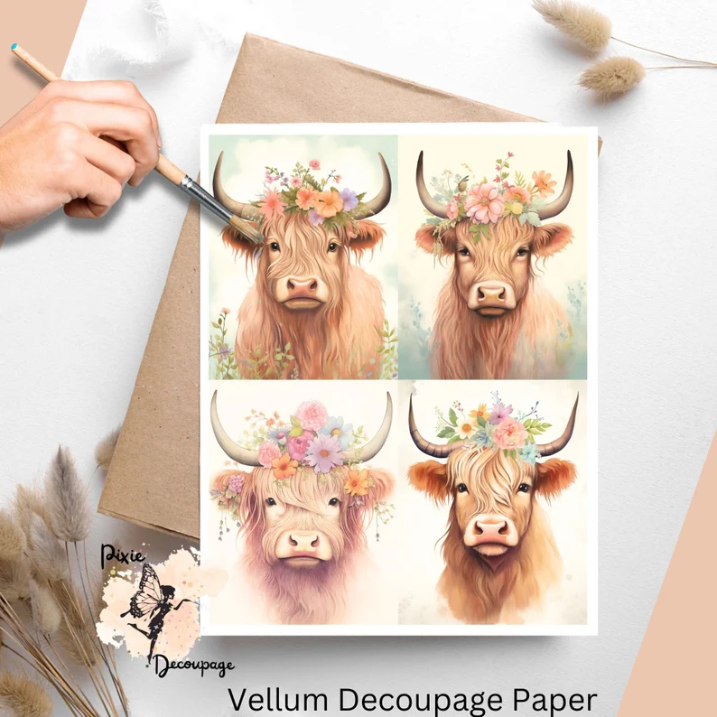 Highland Cow with Florals Collage 1, Vellum Decoupage Paper - Free ...