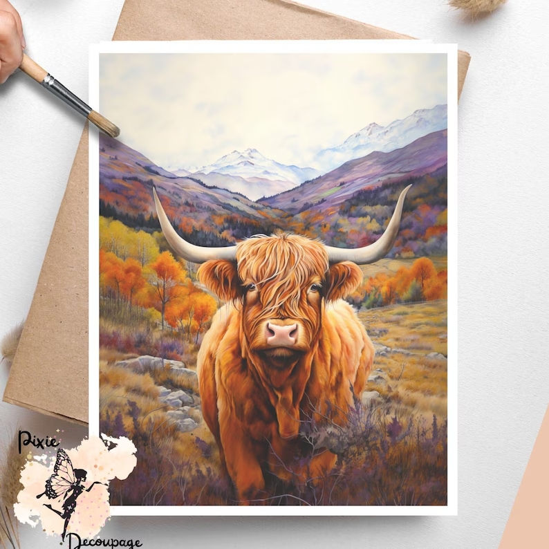 Highland Cow in Fall 4, Vellum Decoupage Paper - DIY Crush