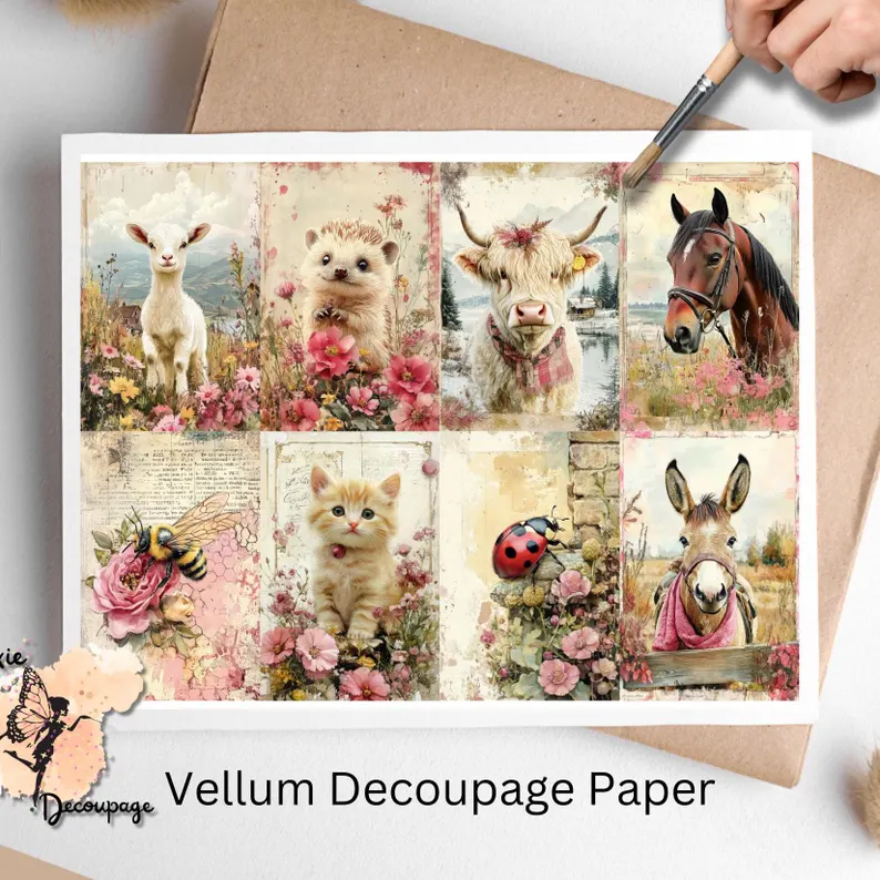 Shabby Chic Farm Animals Collage 6, Vellum Decoupage Paper - Free ...