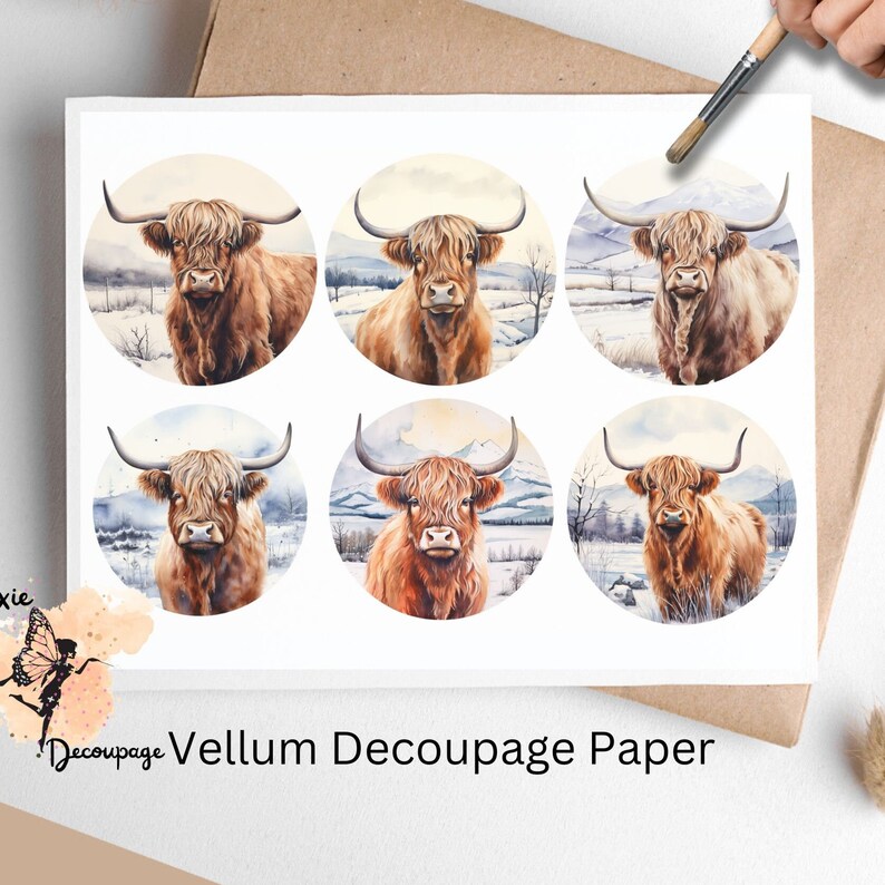 Highland Cow Portrait in Snow Circle Collage 1, Vellum Decoupage Paper ...