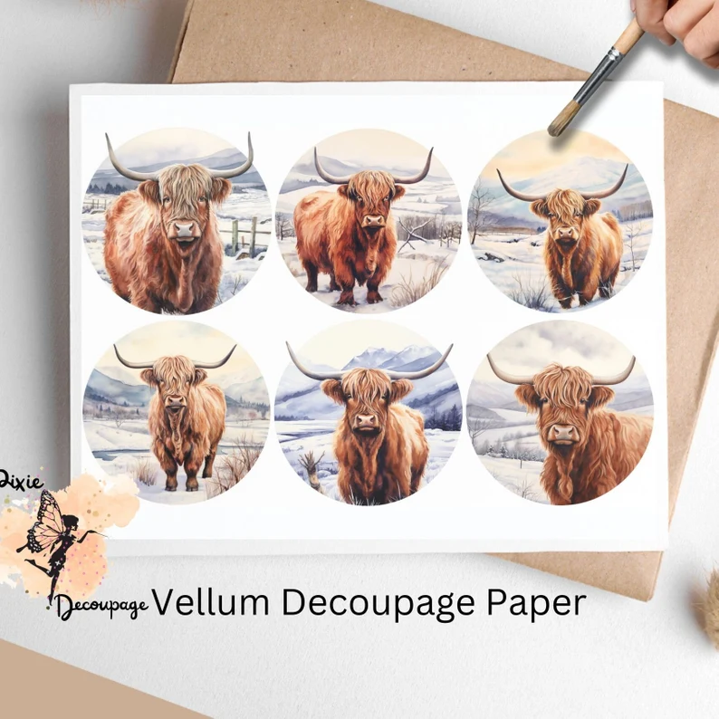 Highland Cow in Snow Circle Collage 1, Vellum Decoupage Paper - Free ...