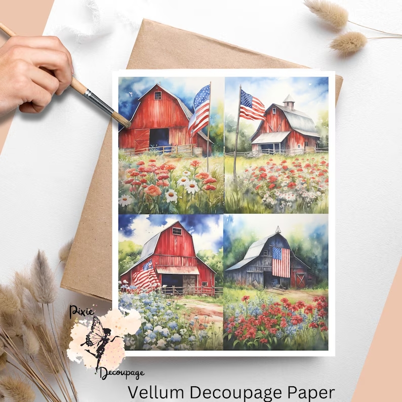 Patriotic Barn Collage 1, Vellum Decoupage Paper - DIY Crush