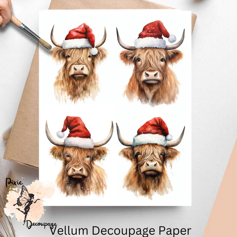 Highland Cow Portrait with Santa Hat Collage 1, Vellum Decoupage Paper - DIY Crush