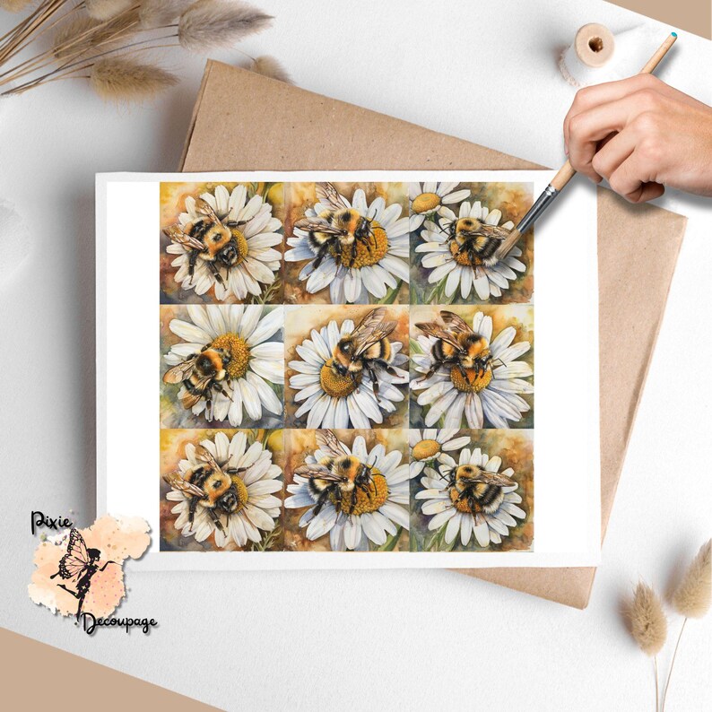 Bee on Daisy Flower Collage 5, Vellum Decoupage Paper - DIY Crush