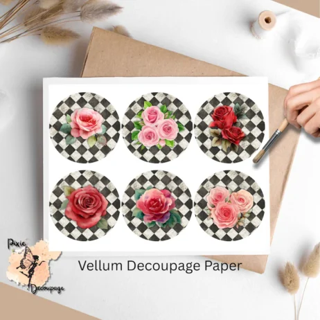 Roses on Checks Circle 1, One Sheet Decoupage Paper - DIY Crush