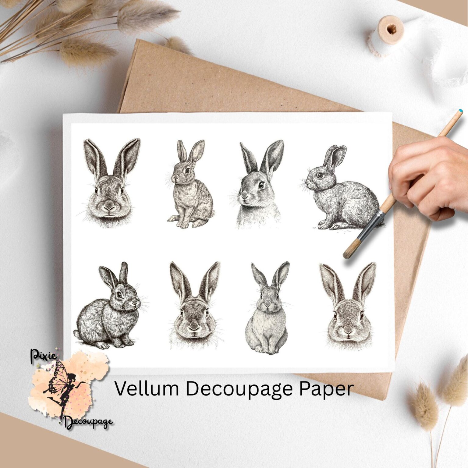 Bunny In Pencil Drawing 1, One Sheet Decoupage Paper - DIY Crush