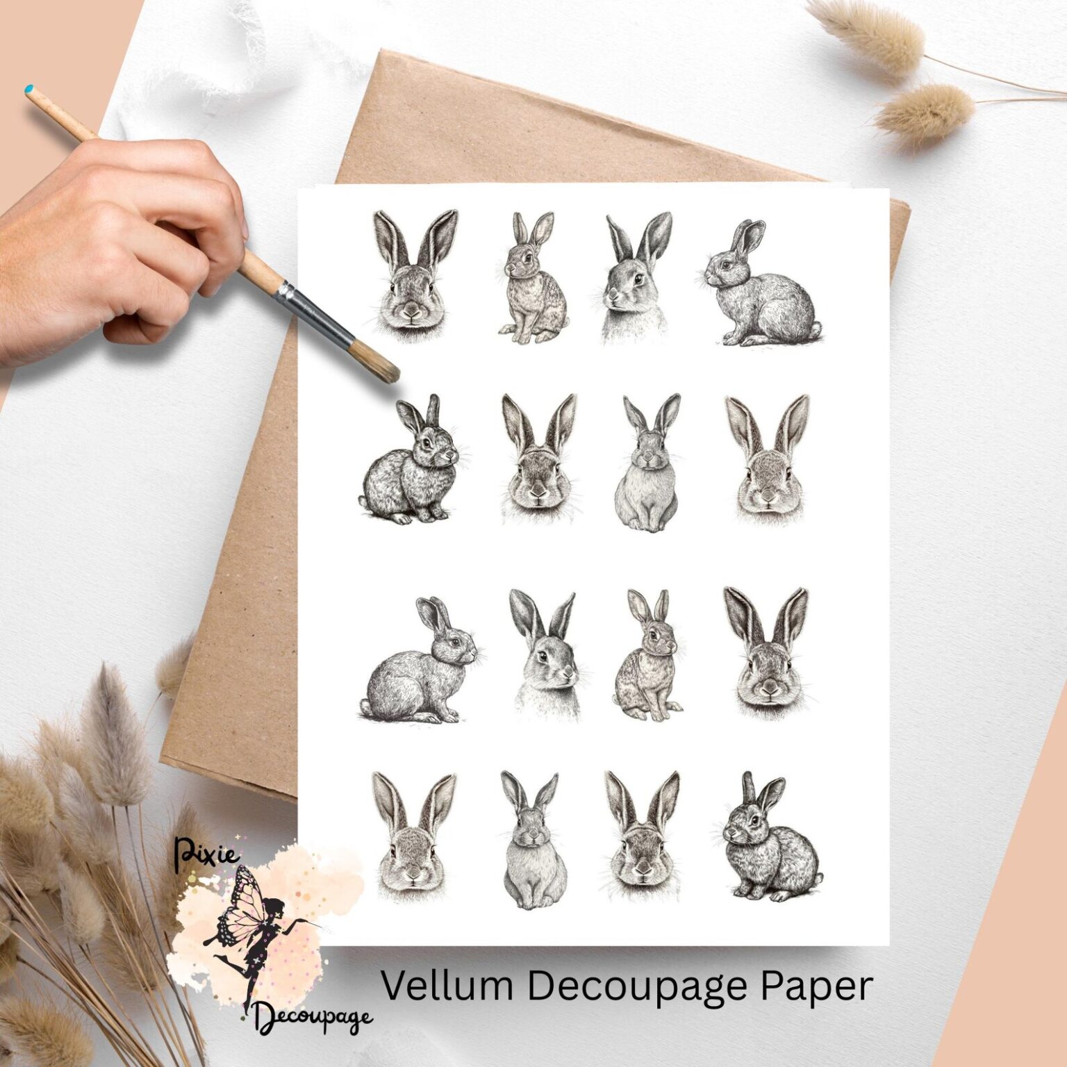 Bunny In Pencil Drawing 2, One Sheet Decoupage Paper - DIY Crush