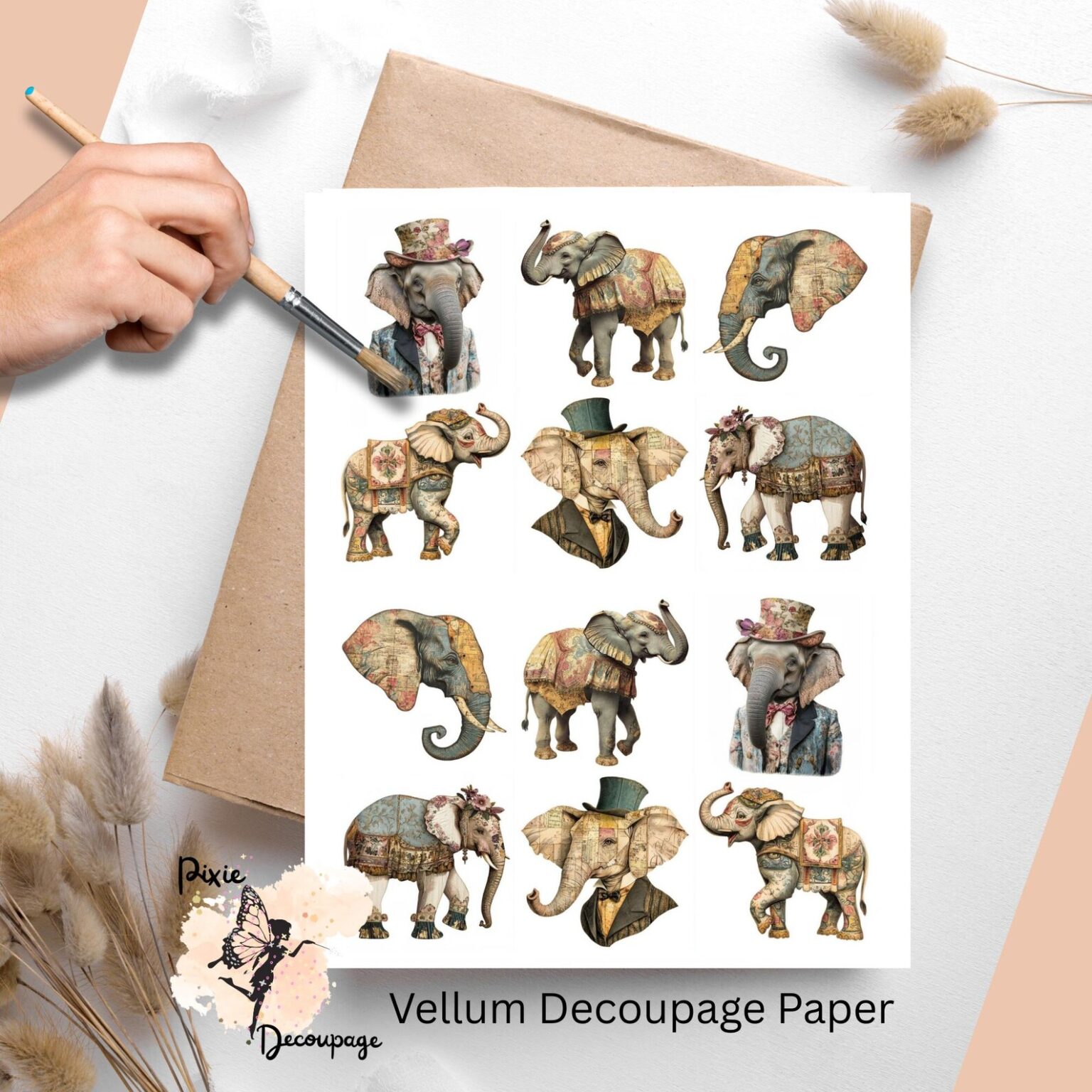 Ephemera Elephant 2, One Sheet Decoupage Paper - DIY Crush
